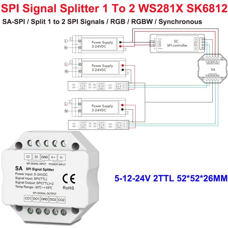 SUNSPURT SPI/RGB/RGBW светодиодный контроллер 1 PC, SA SPI 1 TO 2 Split