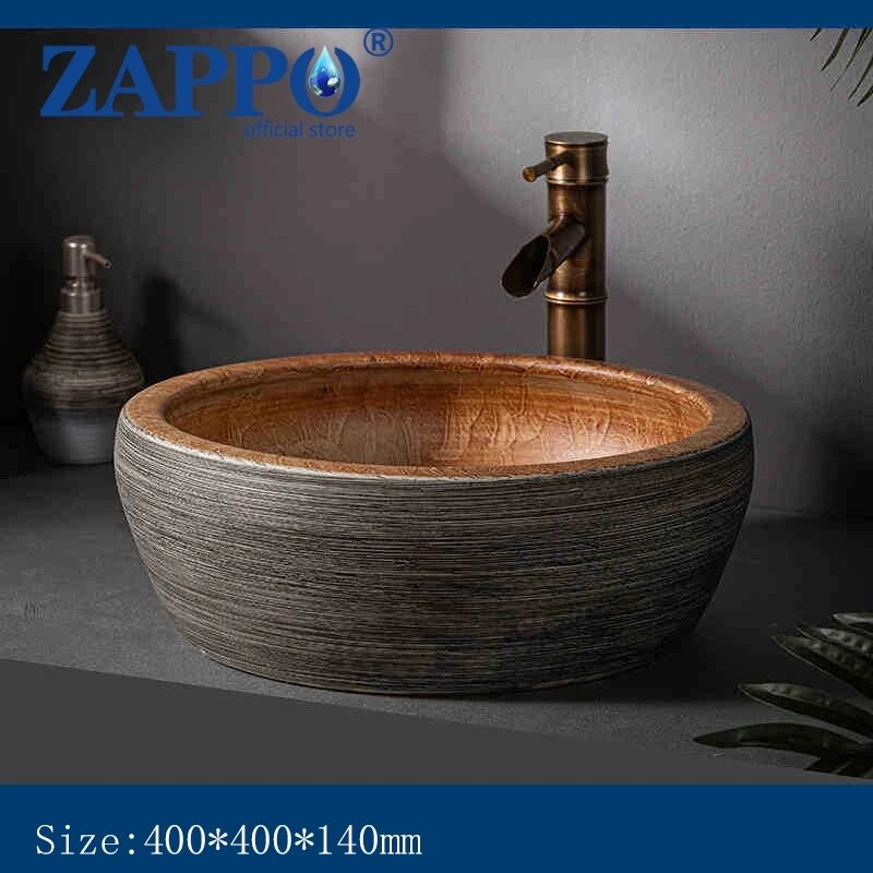 Винтажный художественный сосновый раковина ZAPPO из ретриевого керамического материала, поверхностный бассейн, антикварная деревянная текстура, раковина для ванной комнаты для дома и балкона