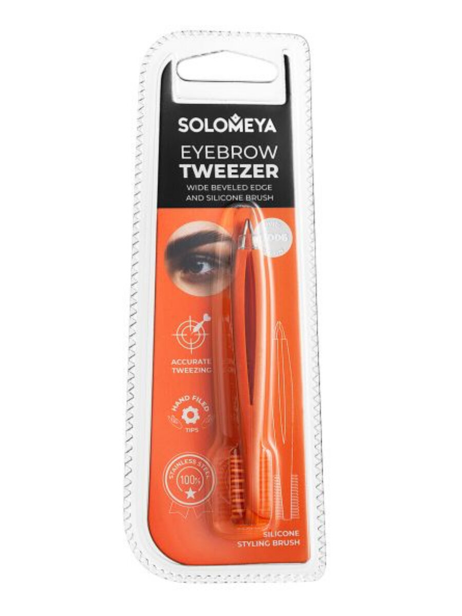 Пинцет для бровей со скошенным краем и силиконовой щеточкой Solomeya Eyebrow tweezer, 1 шт.