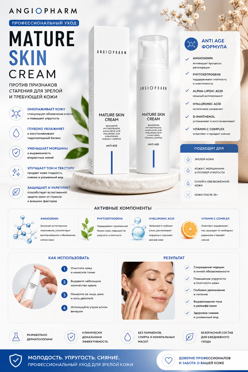 Крем ANGIOPHARM, с пептидами, фитоэстрогены, для лица, шеи, декольте, 50мл