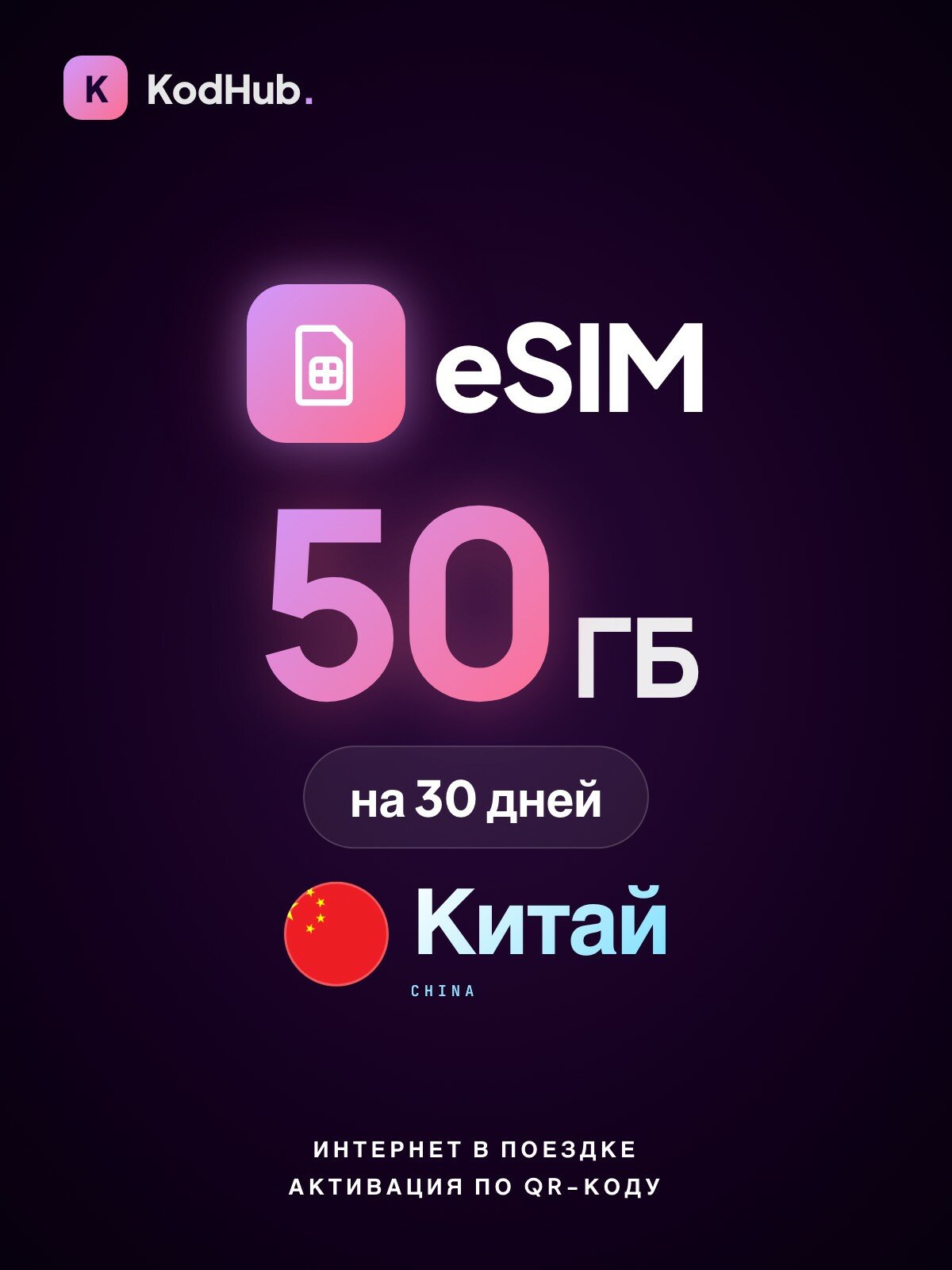Туристическая eSIM Китай 50 ГБ на 30 дней | интернет в поездке, связь за границей | QR-код активации