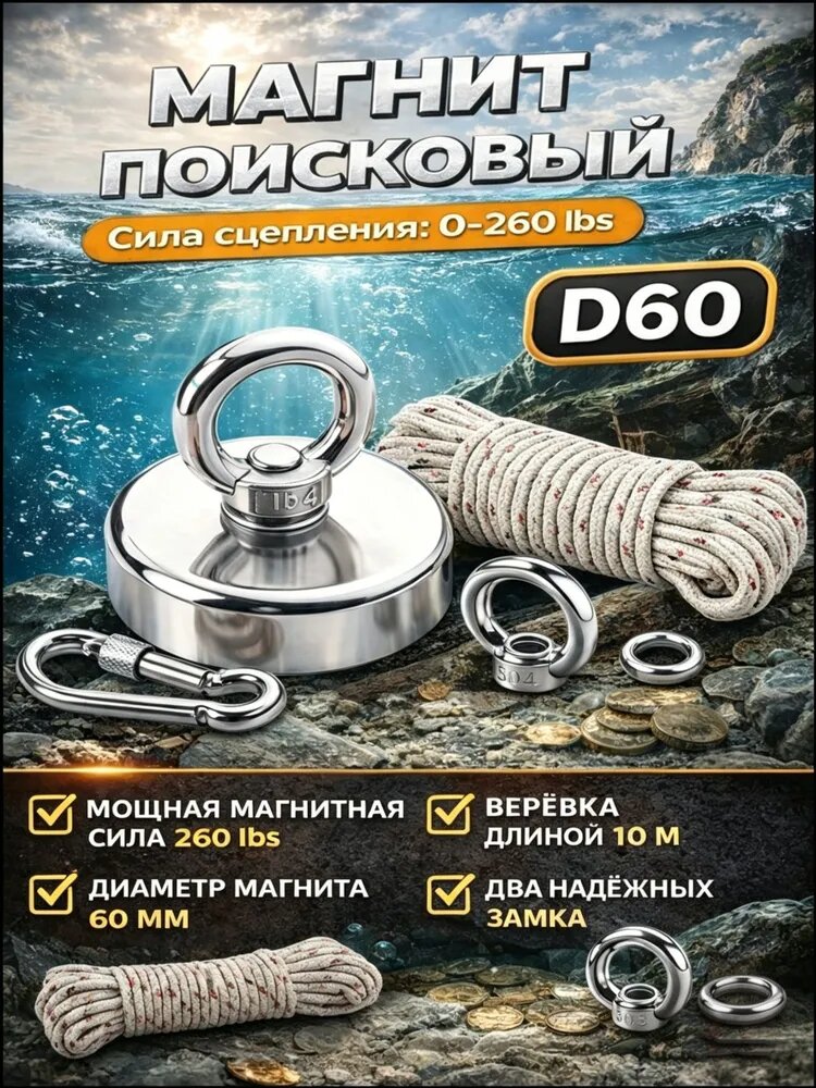 Набор сверхмощных поисковых магнитов 60 мм
