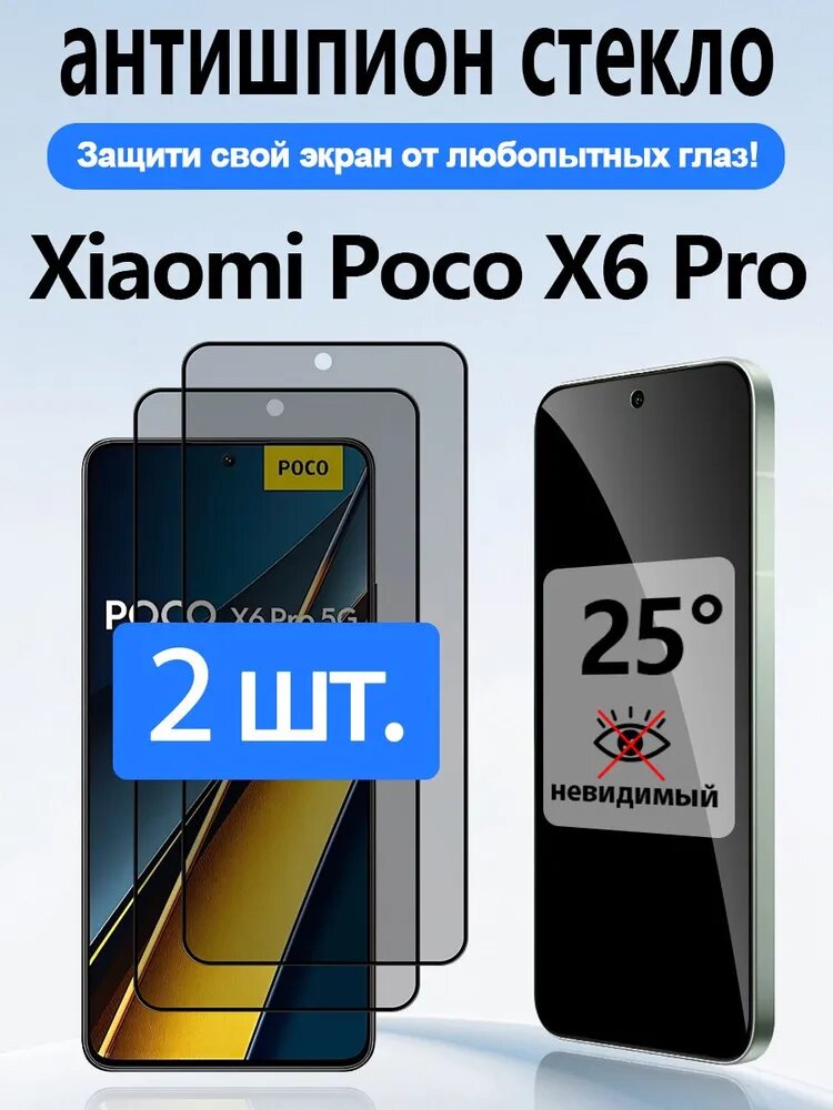 2 шт. антишпион стекло на Xiaomi Poco X6 Pro (Сяоми Поко X6 Про), Защита от взглядов, сохранение конфиденциальности