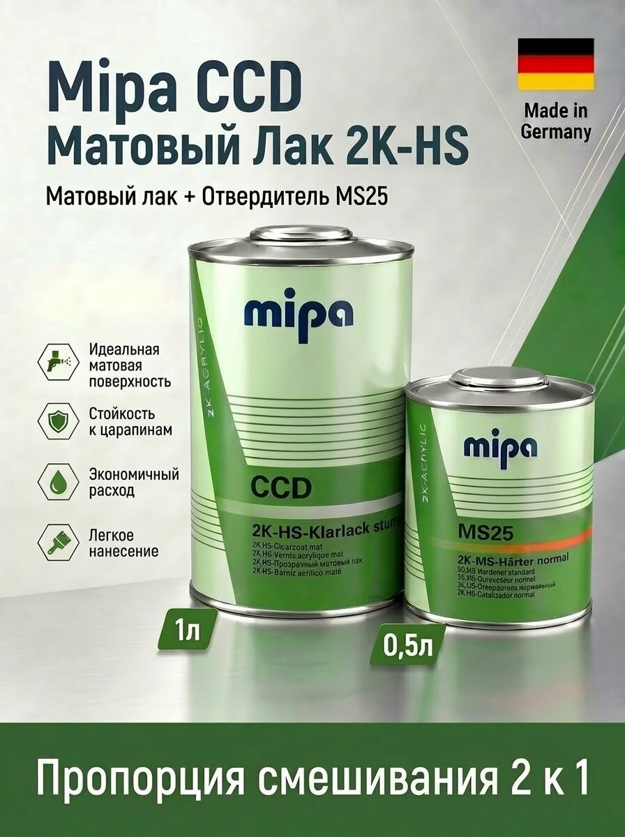 Матовый лак Mipa CCD 2K-HS-Klarlack 1 л. + Отвердитель MS25 0.5 л. Комплект