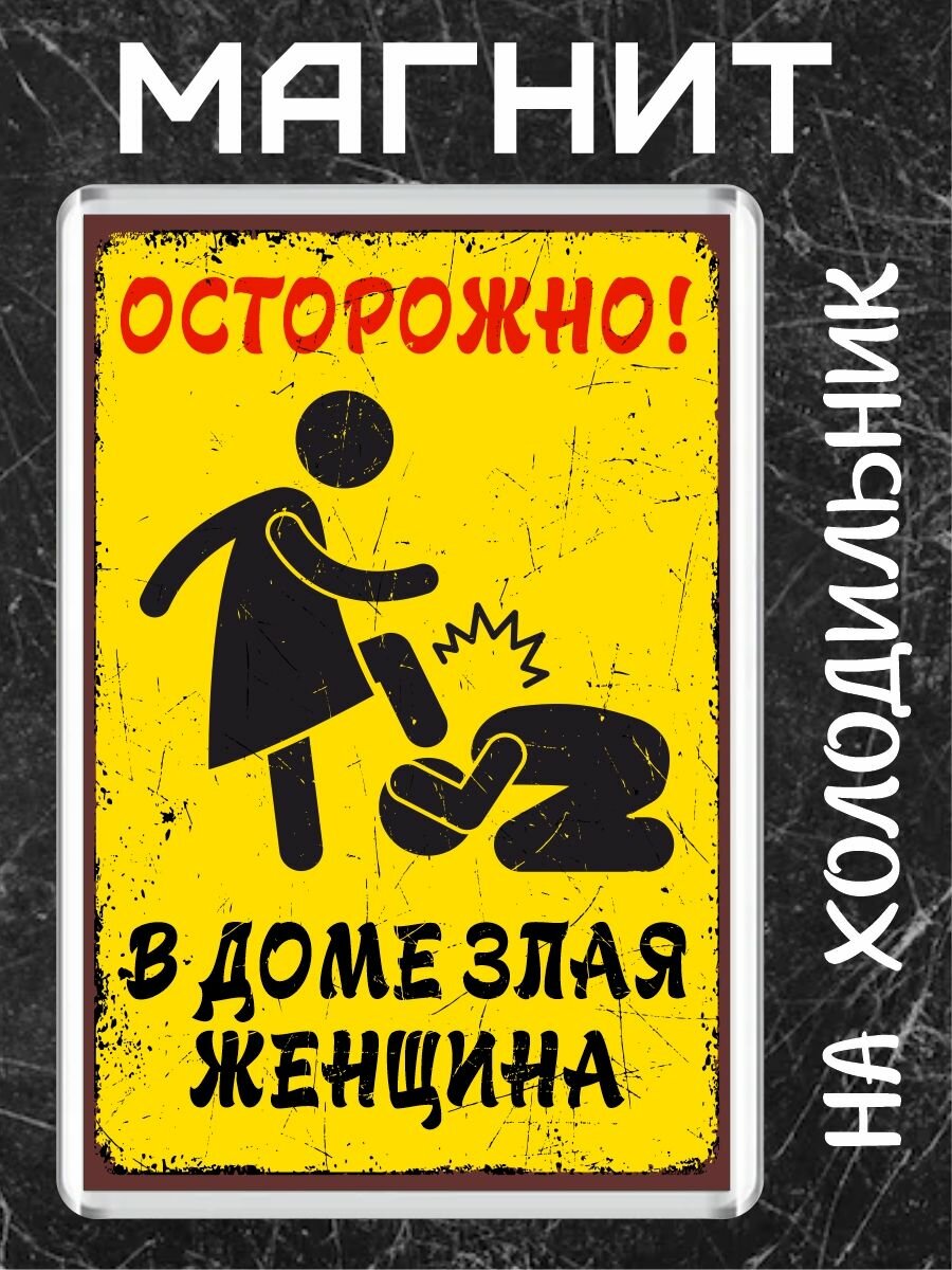 Магнит Осторожно! В доме злая женщина (8 см х 5,5 см) Юмор № UW_012