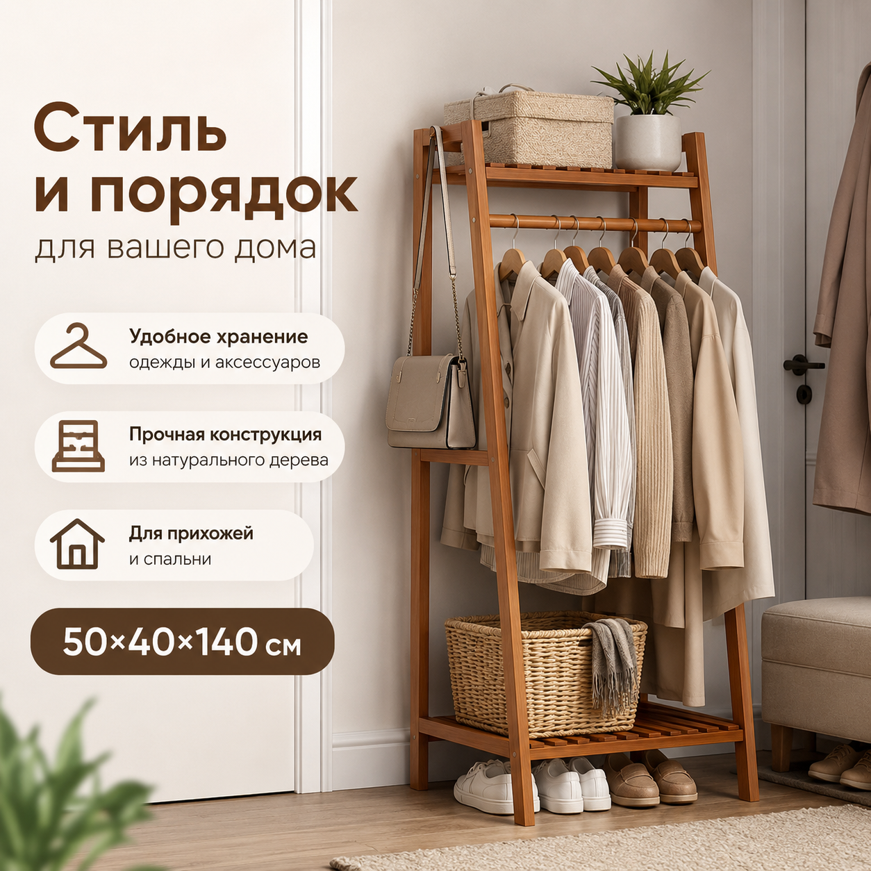 Стеллаж для одежды с полками и перекладиной, бамбуковый, напольный, 50x40x140 см