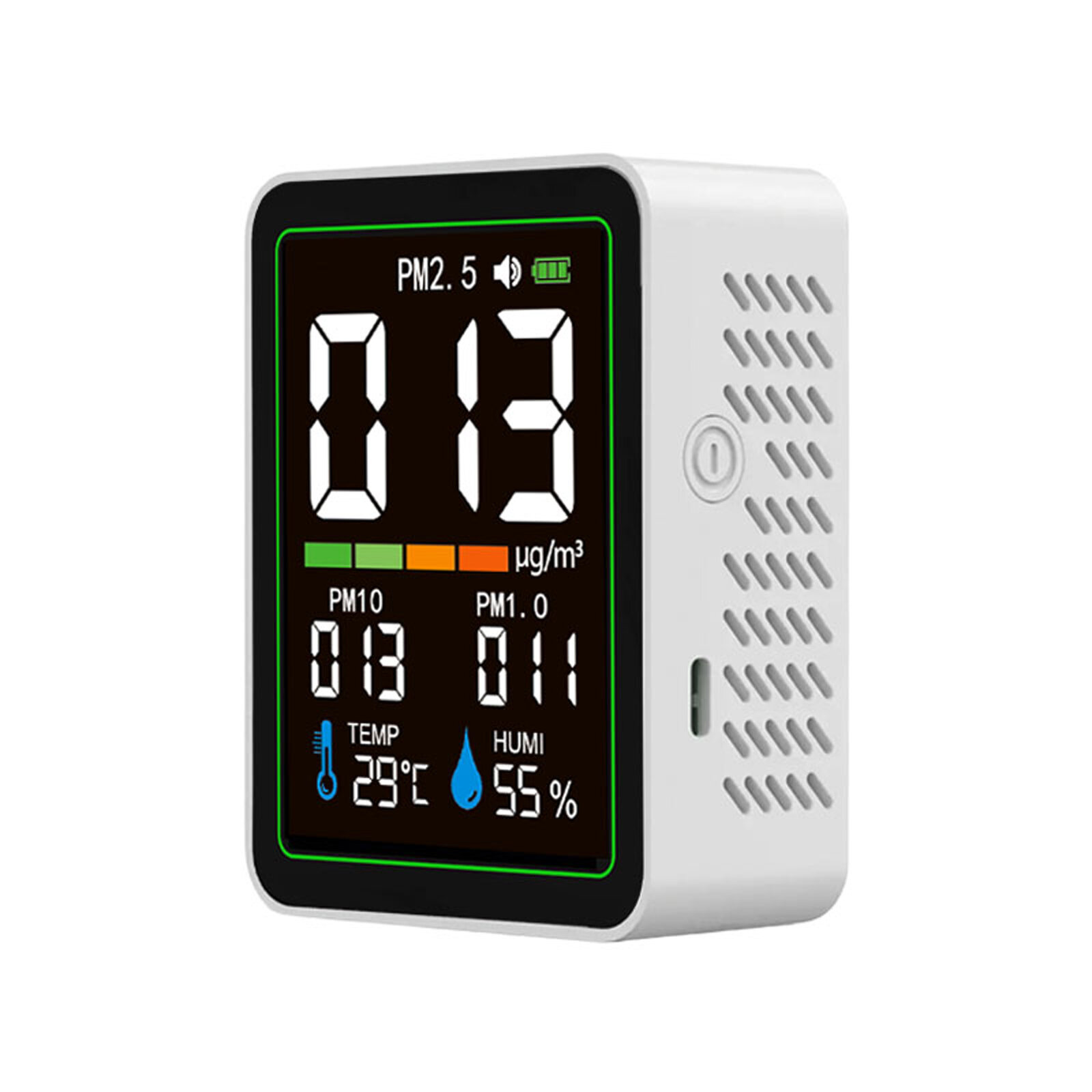 Монитор частиц для помещений 5-в-1 с цветным LCD-экраном, отслеживанием PM1.0 PM2.5 PM10, отображением температуры и влажности, заряжаемый через USB-C, портативный дизайн