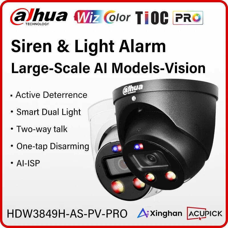 Dahua 8MP WizColor TiOC HDW3849H-AS-PV-PRO 4K Сирена и свет Активное препятствие Безопасность CCTV AI-ISP SMD 4.0 Двусторонняя связь AcuPick