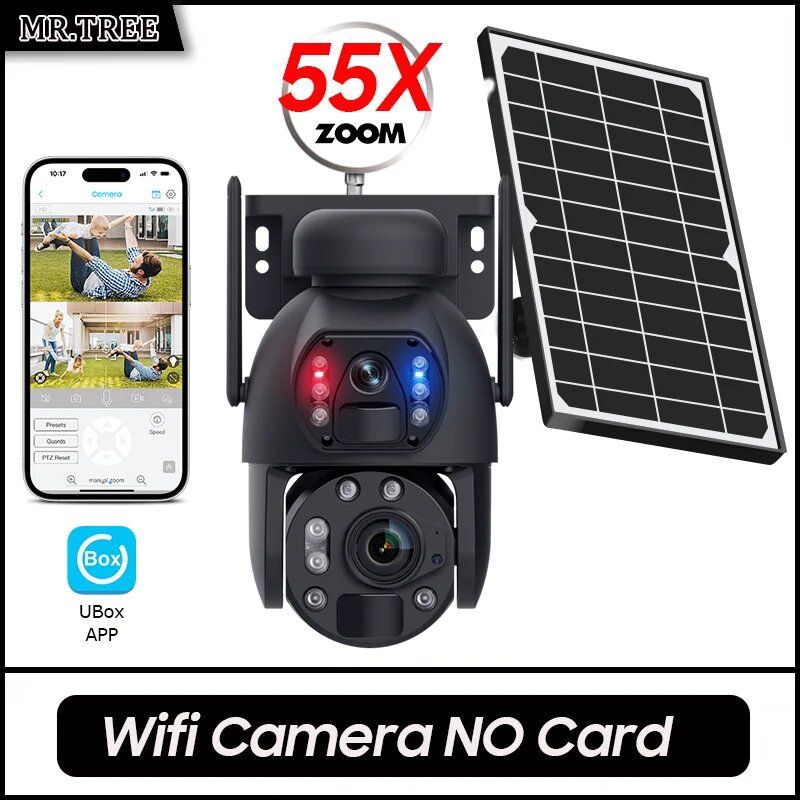 10MP WiFi-камера безопасности с солнечной панелью, двойная линза, 55-кратное увеличение, 4G SIM, домашняя и наружная видеонаблюдение, PTZ, CCVT, обнаружение и трекинг людей, IP-монитор