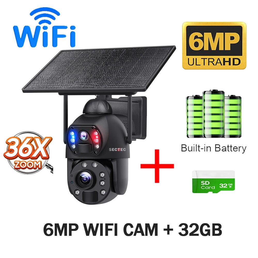 SECTEC 6MP 36X зум камера с двойным обзором WIFI с солнечной батареей 4G солнечная камера для внешнего наблюдения PTZ камера солнечные камеры