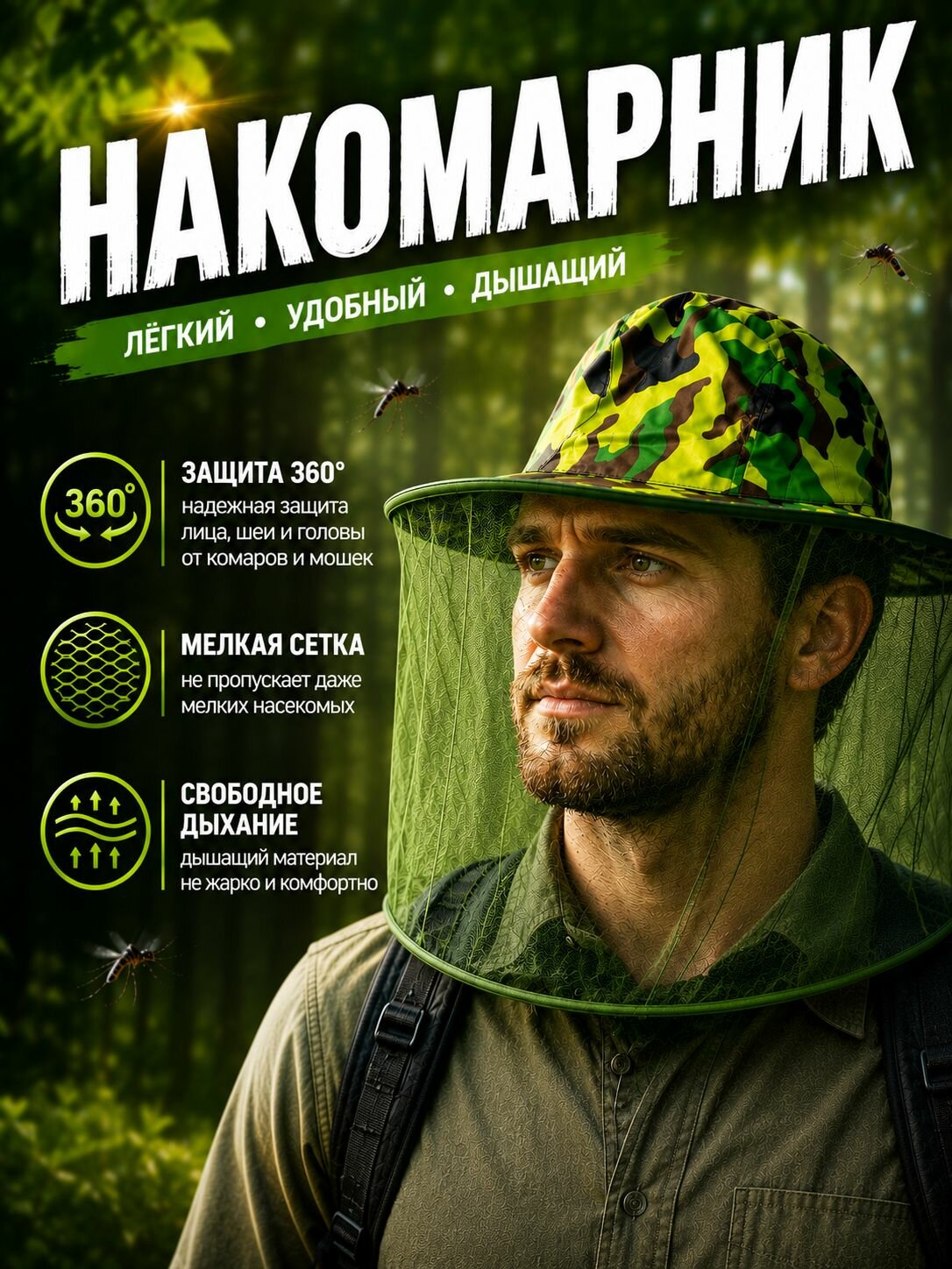 Накомарник с сеткой от комаров и мошек, защитная шляпа для рыбалки, охоты, туризма, дачи и кемпинга