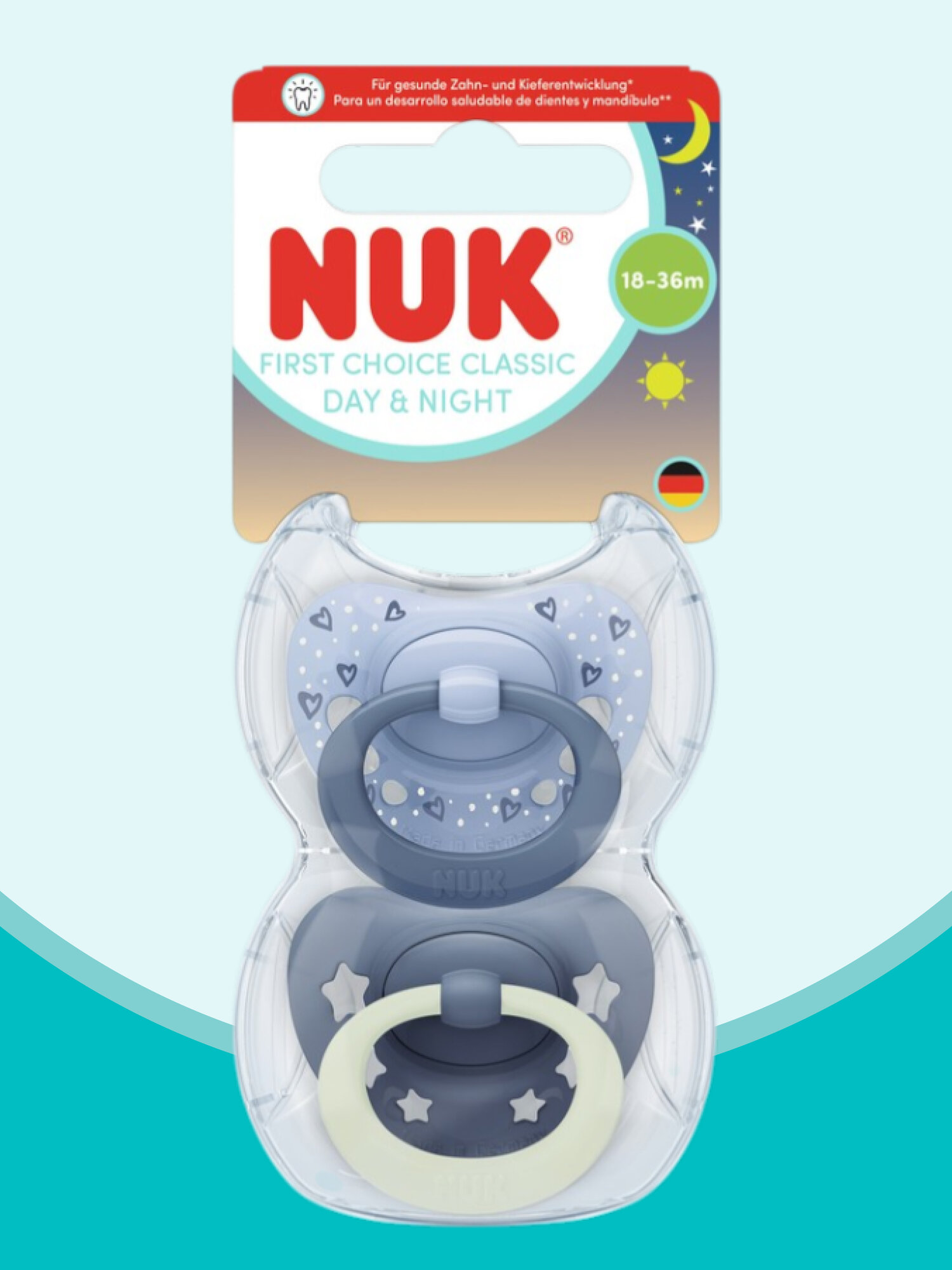 NUK Соски пустышки 18-36 месяцев, 2 штуки в контейнере FC CLASSIC D&N