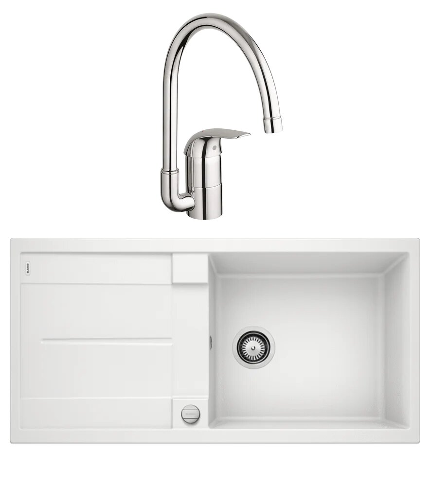 Комплект Мойка Blanco Metra XL 6S 515280 100x50, белая, искусственный гранит / Смеситель Grohe Euroeco 32752000 глянцевый хром