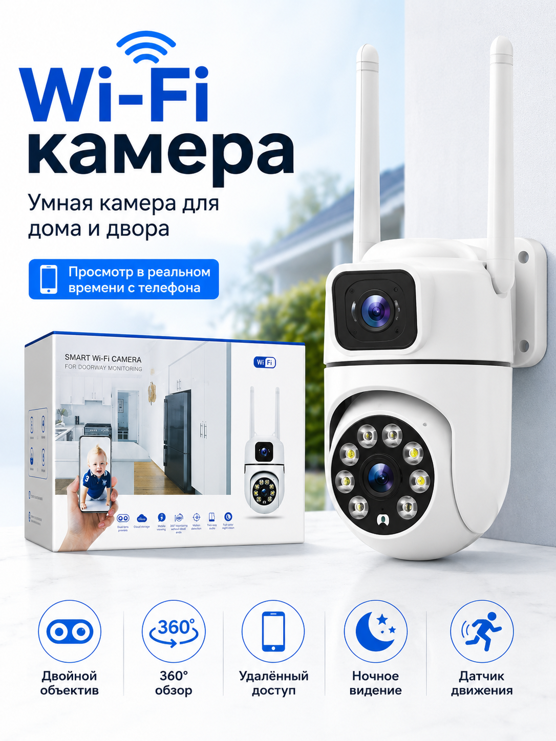 Умная Wi-Fi-камера, 360°, ночной режим, датчик движения, удаленный доступ