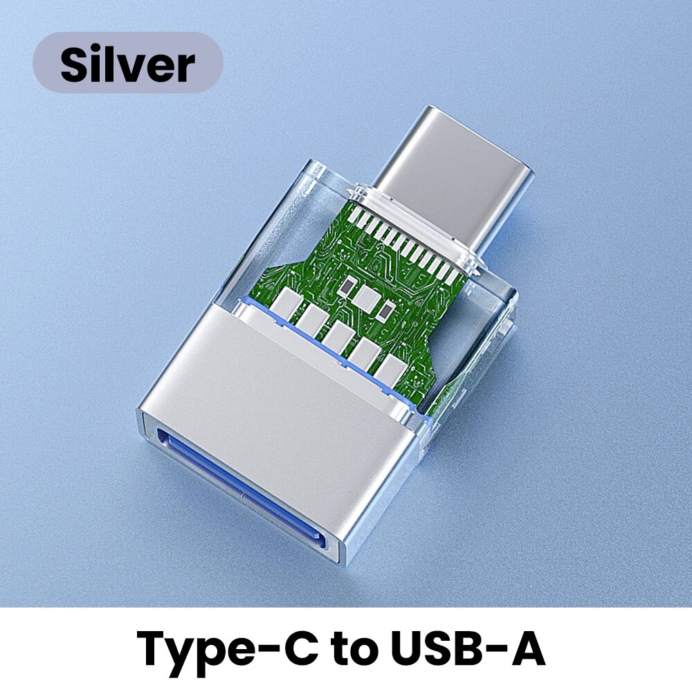 Прозрачный адаптер Mini USB3.0 OTG с LED-индикатором, 2-в-1: зарядка и передача Silver Type C Male