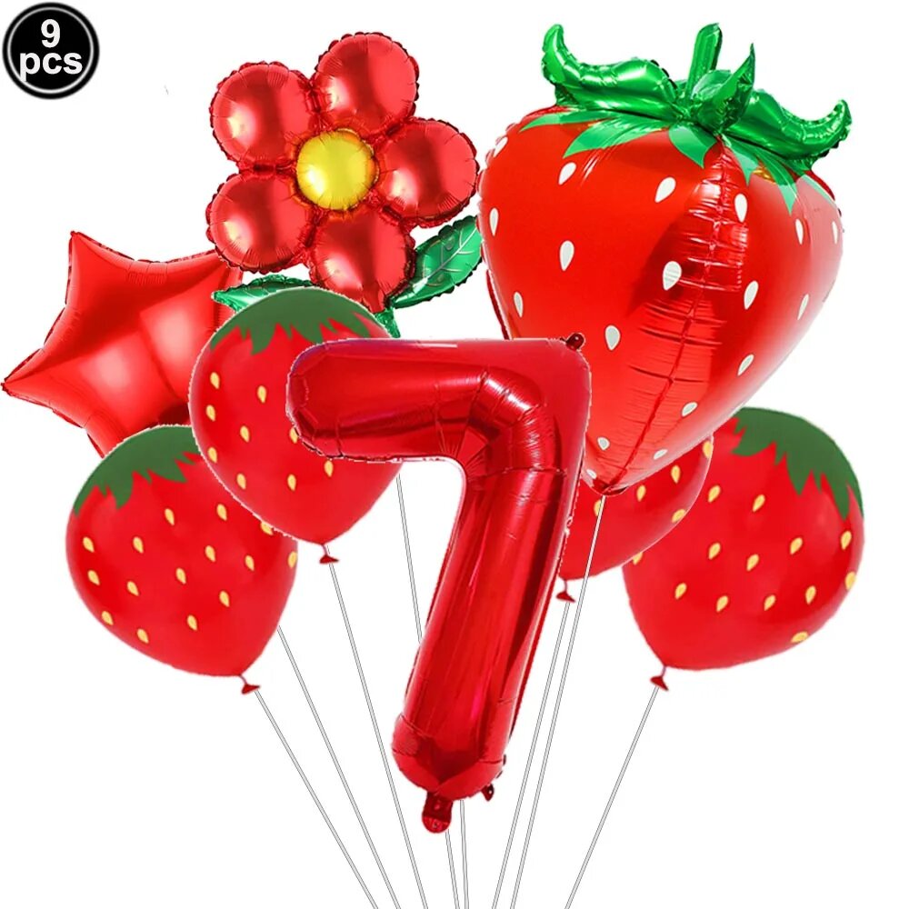 Красные шары клубника и цифра 7, 9 шт.