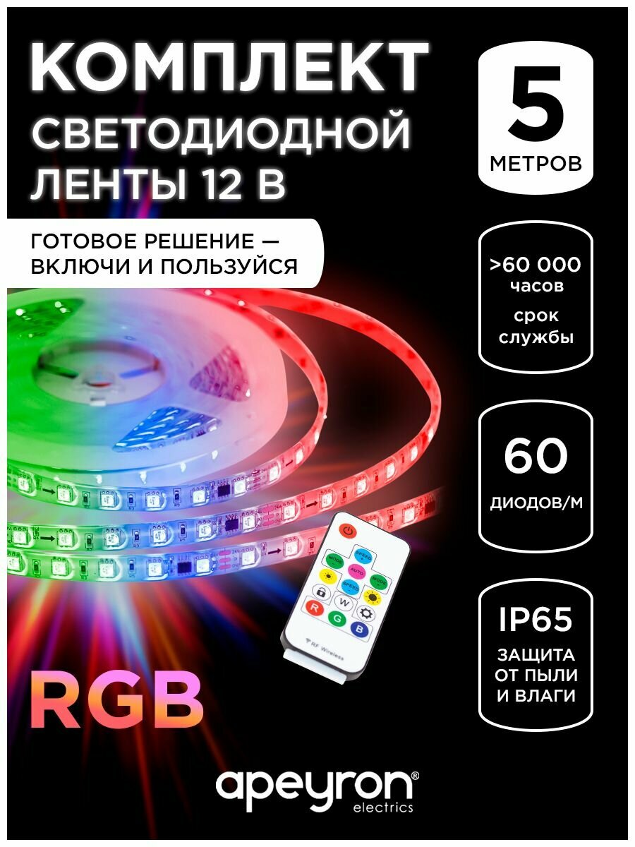 Комплект светодиодной ленты 24В, RGB, 14,4Вт/м, IP65, подложка белая, 5м