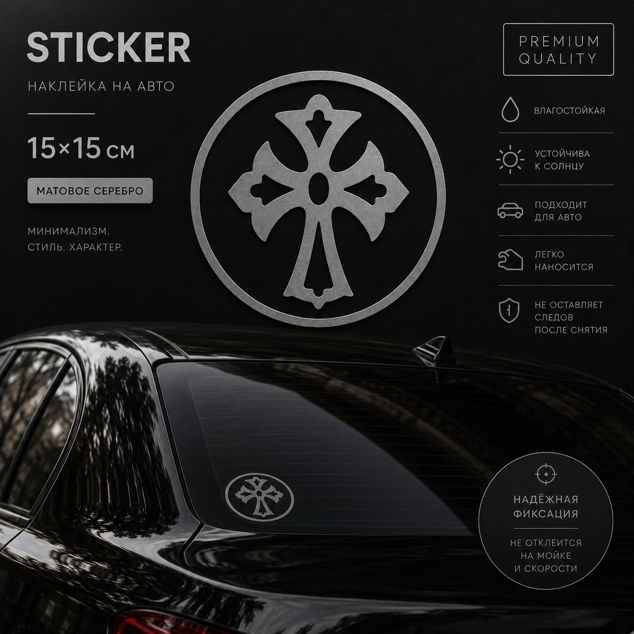 Наклейка для авто "Крест", 15х15см, матовое серебро, бренд Spidiwell Stickers