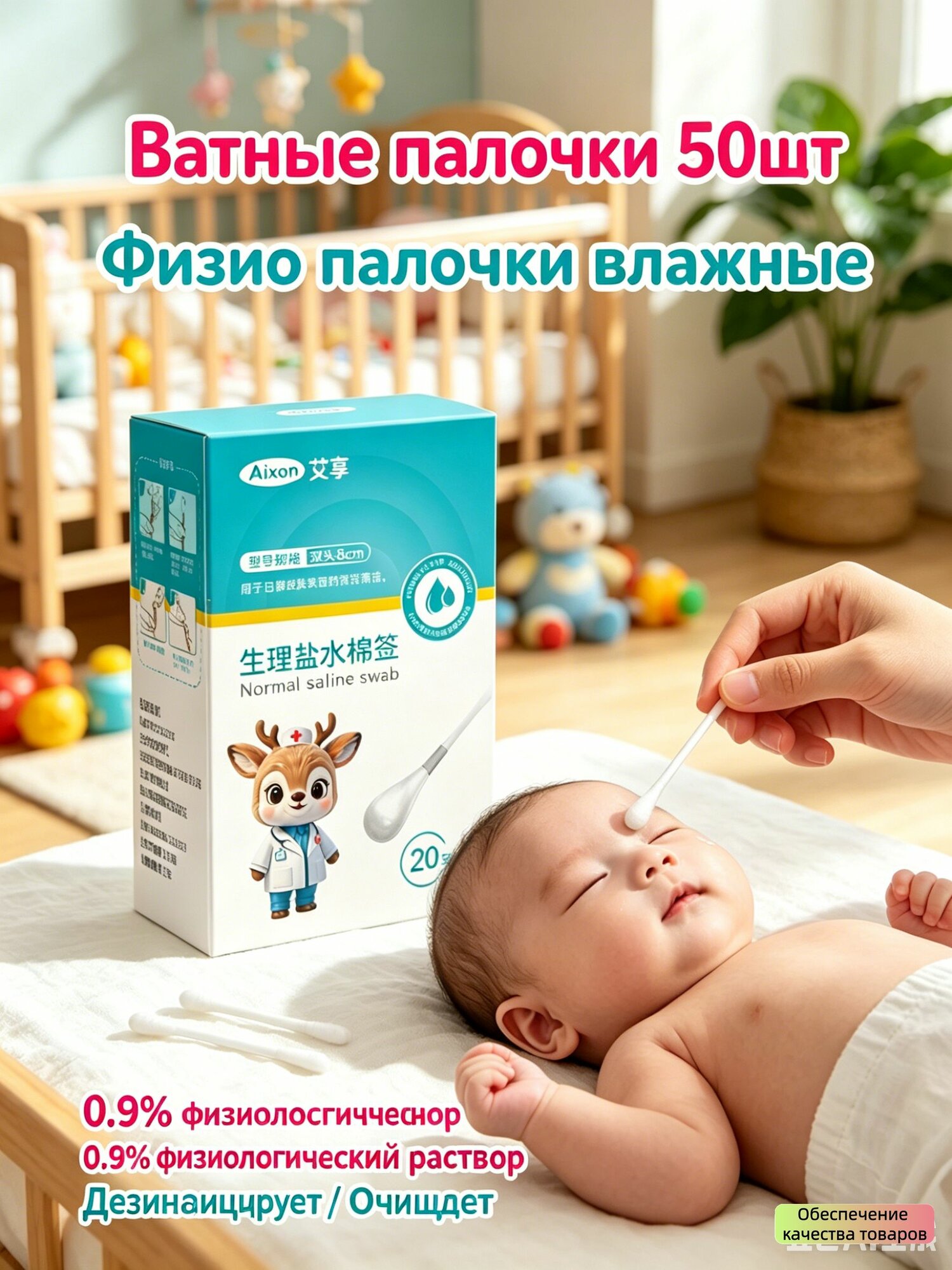 Ватные палочки, 50 шт, для детей, стерильные, влажные, в коробке