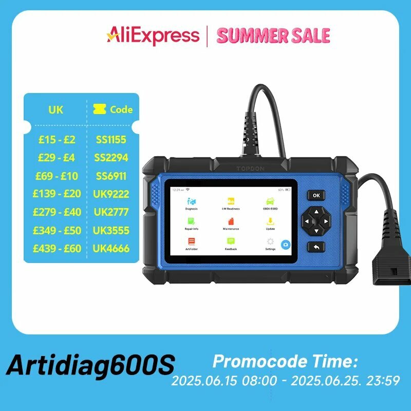 Сканер автомобиля OBD2 TOPDON ArtiDiag600S Инструмент диагностики Автомобильный сканер кода Oil/BMS/ABS/SAS/EPB/DPF/TPMS/Throttle Engine Test Scan