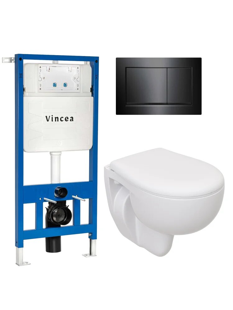 Комплект 4 в 1 Унитаз подвесной Seramiksan Natura A051041H / Сиденье AG50002 / Инсталляция Vincea VIS-601, Кнопка VFP-001MB цвет матовый черный