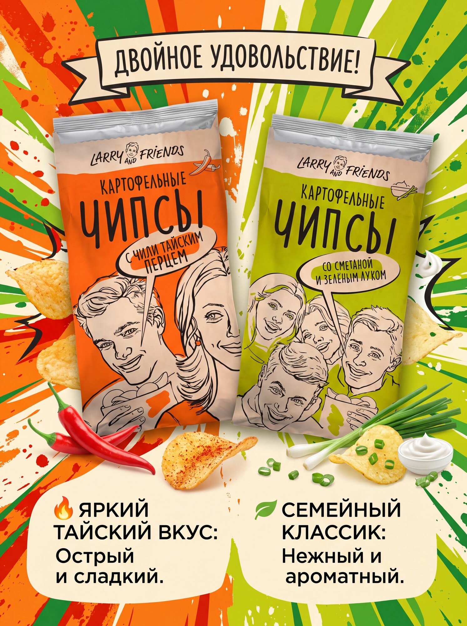 Чипсы картофельные Larry and Friends, ассорти 2 шт. сладкий перец и сметана зел. лук.