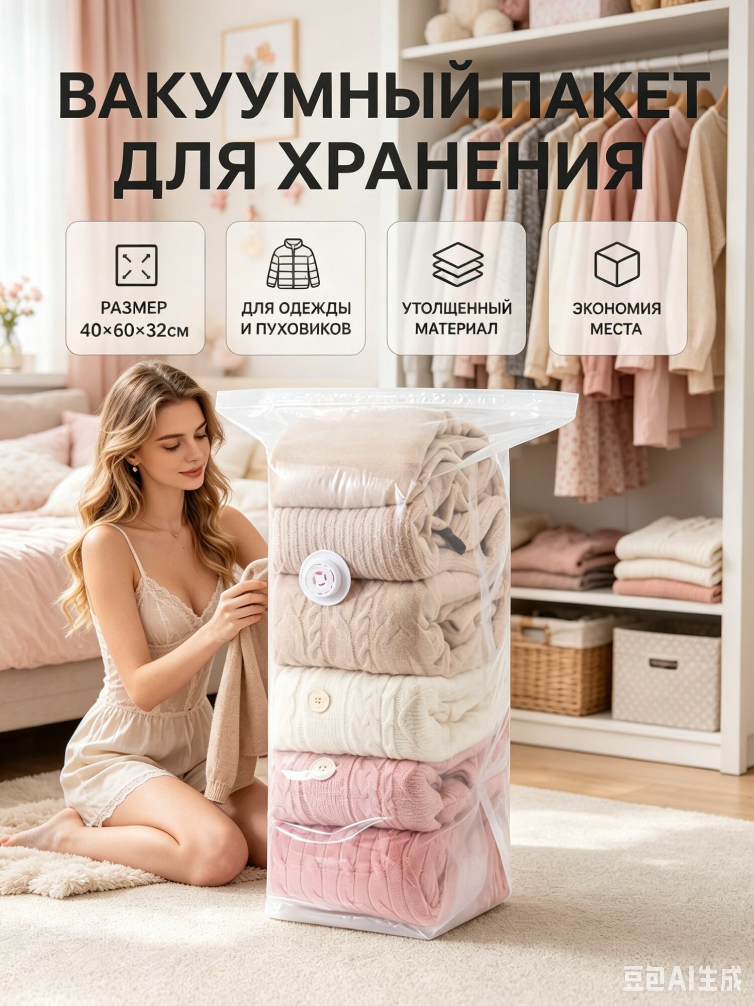 Вакуумный объёмный мешок для хранения одежды и одеял без насоса PA+PE 60 мкм для дома