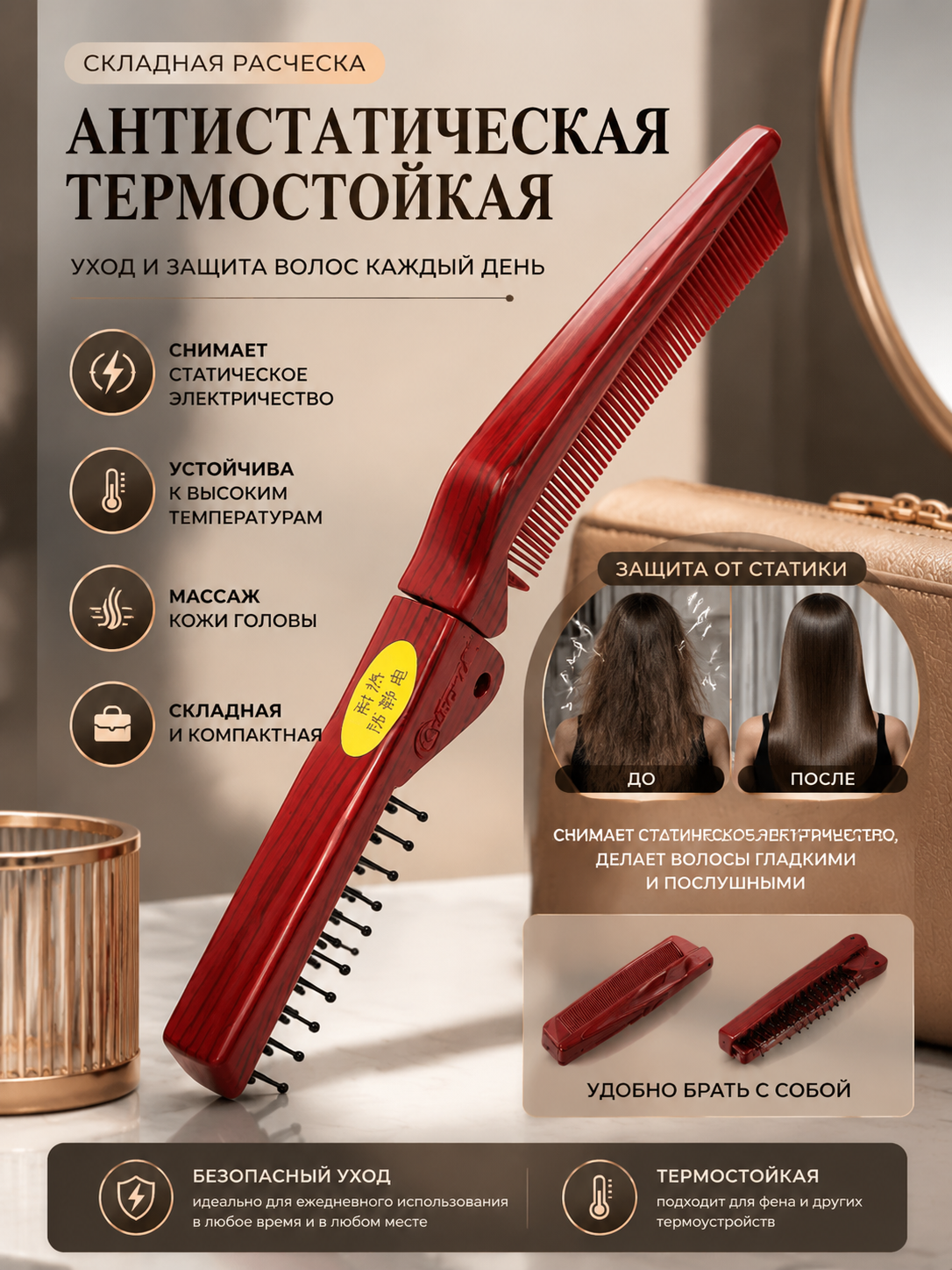 Расческа антистатическая термостойкая для волос массажная складная красная