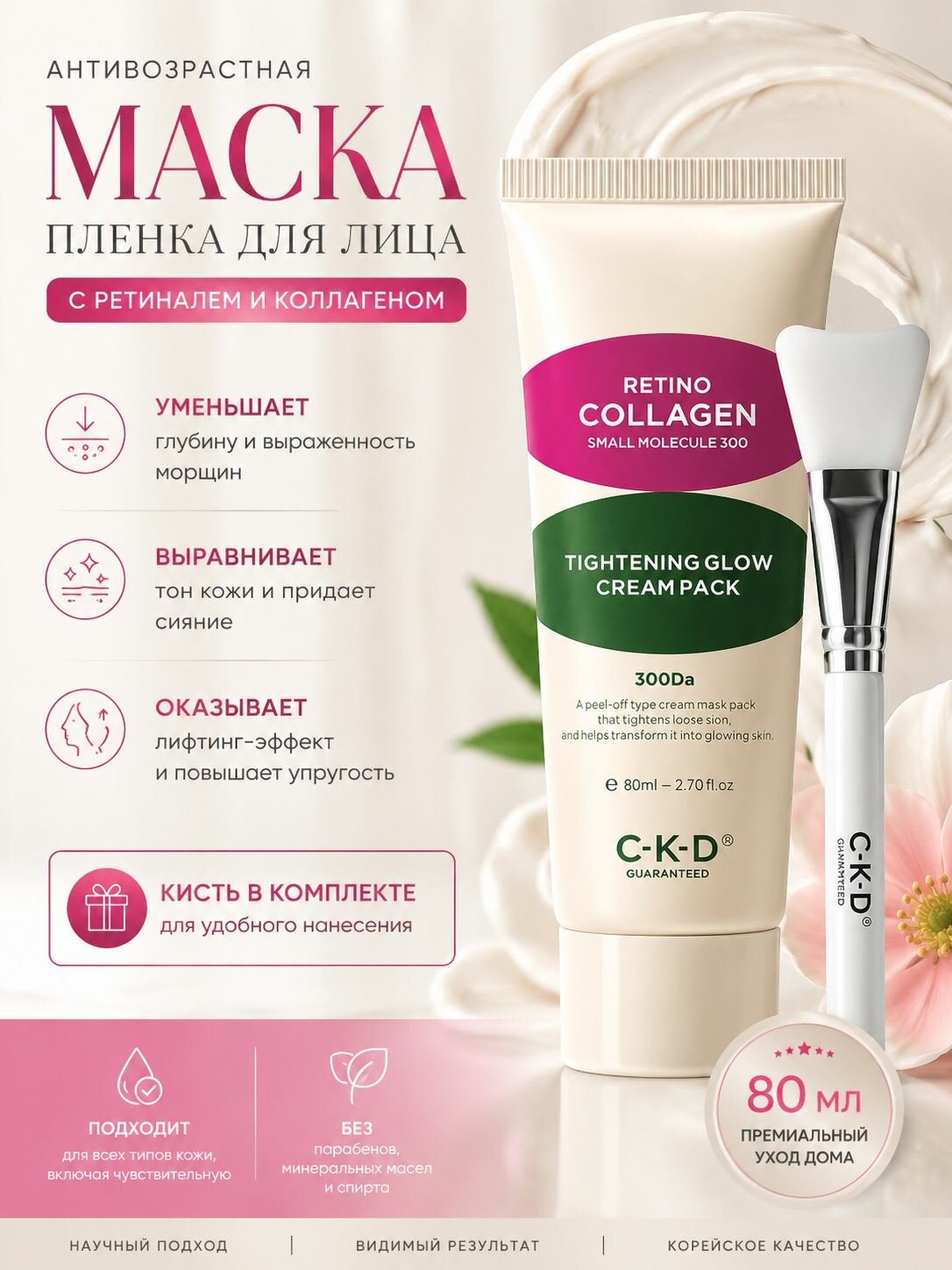 CKD Набор: Маска-пленка с ретинолом для подтяжки лица + кисть Retino Collagen Small Molecule 300 Tightening Cream Pack 80 мл.