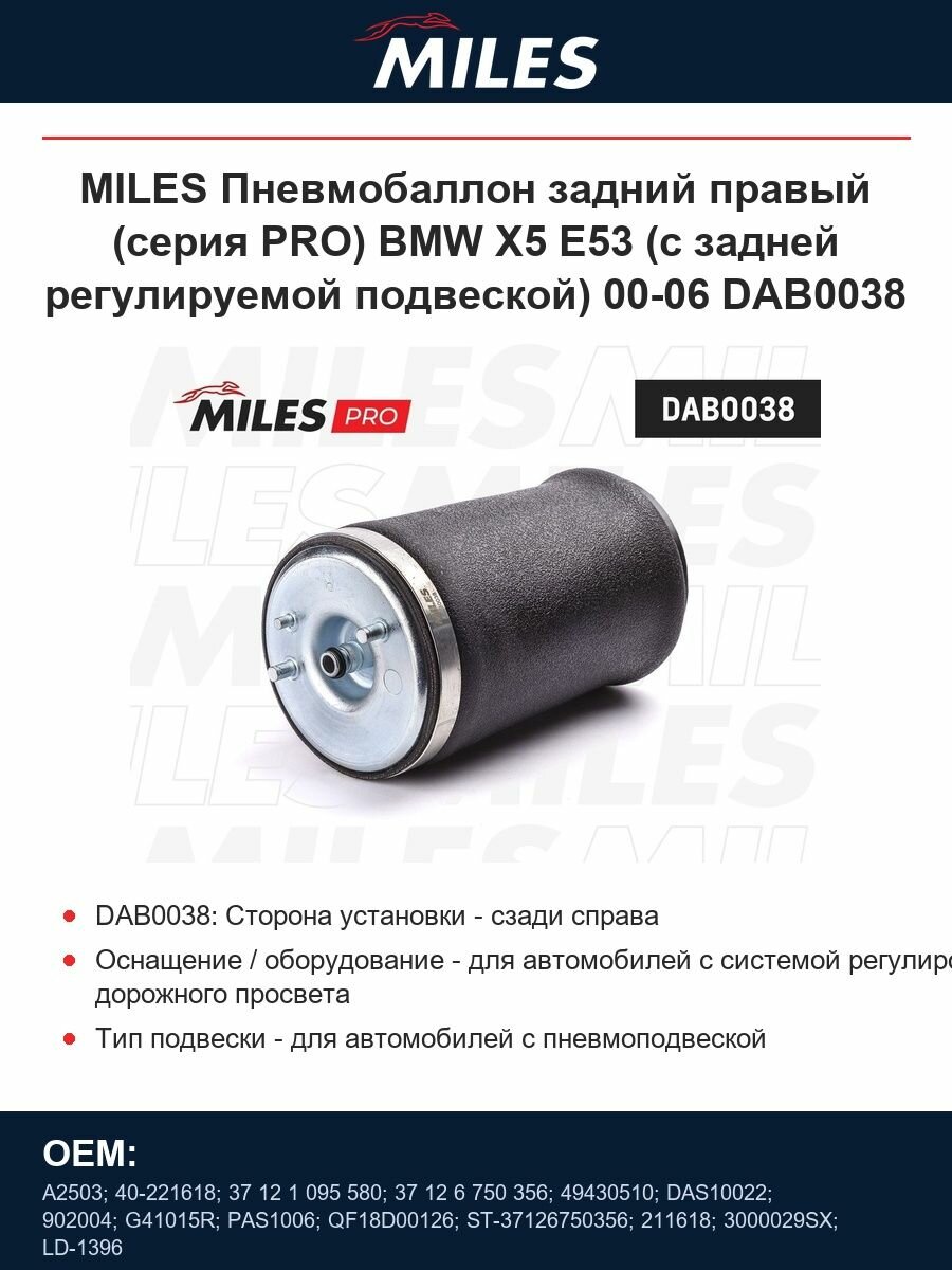 MILES Пневмобаллон задний правый (серия PRO) BMW X5 E53 (с задней регулируемой подвеской) 00-06 DAB0038