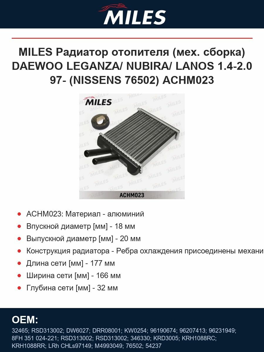 MILES Радиатор отопителя (мех. сборка) DAEWOO LEGANZA/ NUBIRA/ LANOS 1.4-2.0 97- (NISSENS 76502) ACHM023