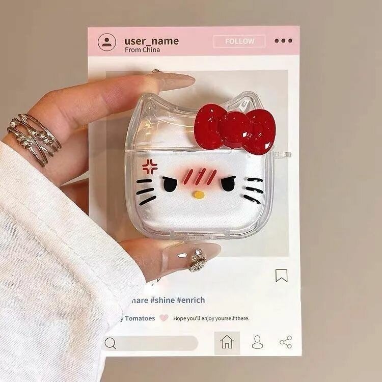 AirPods 3 чехол с кошачьими ушками и сердитой Hello Kitty, с брелоком-котенком
