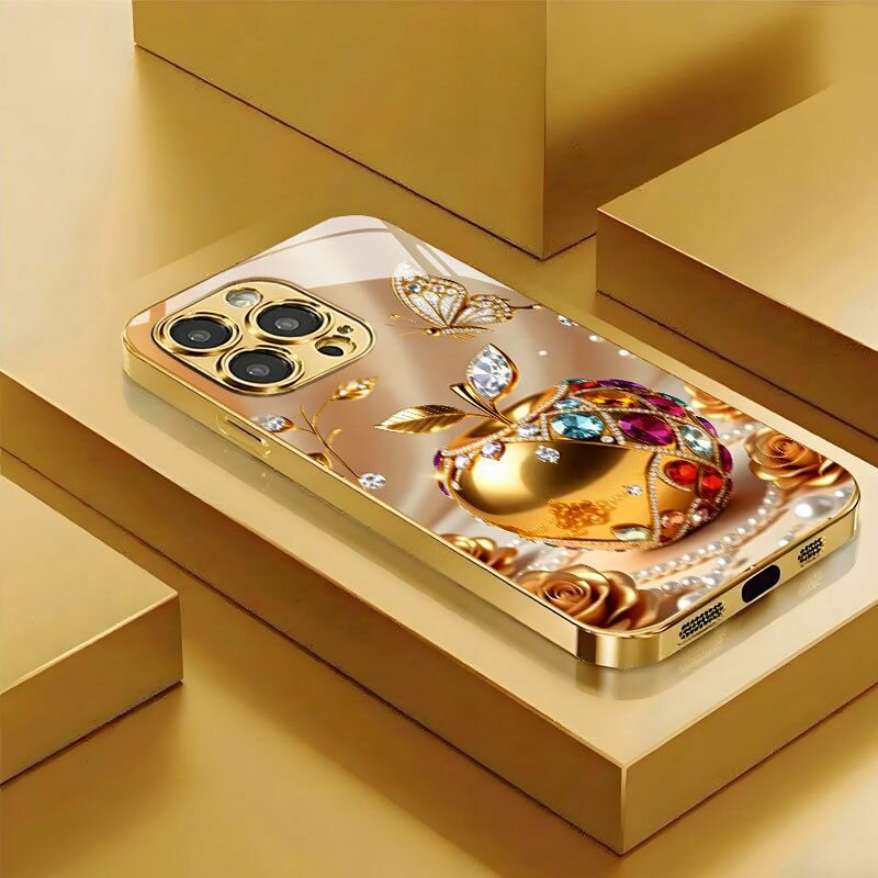 IPhone 15 Pro Max Позолоченный стеклянный чехол с золотой розой и яблоком в цветных стразах, премиальный люкс-стиль