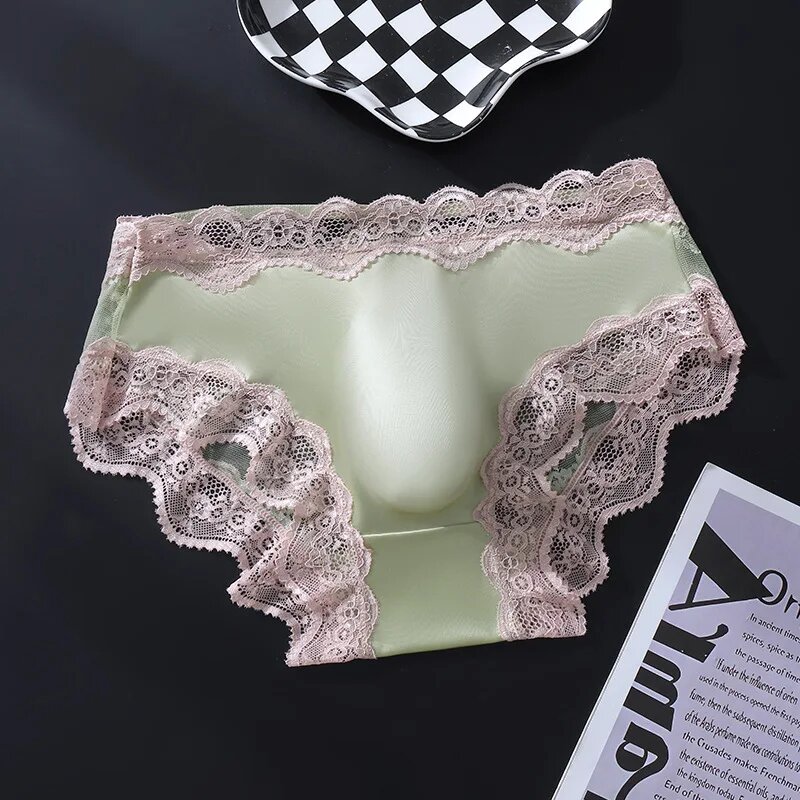 Трусики мужские, зеленые, кружевные, 3D-крой