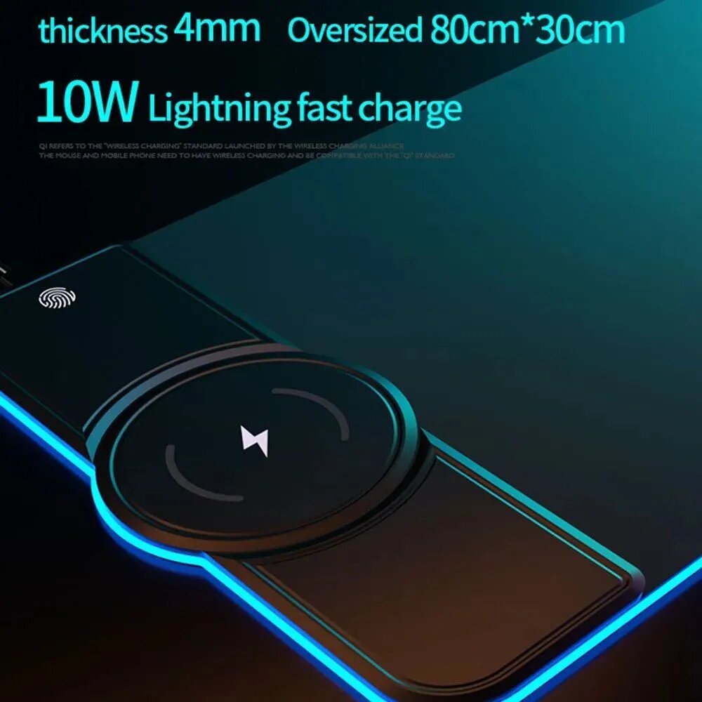 Коврик для мышки синий с RGB подсветкой и беспроводной зарядкой, 83.71x28.82 см — фото 1