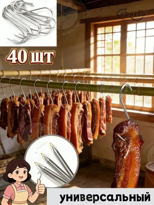 GEALFIS Крюки для подвешивания мяса, набор 40 шт, пищевая нержавеющая сталь 3x130 мм, для сочного шашлыка и идеального копчения