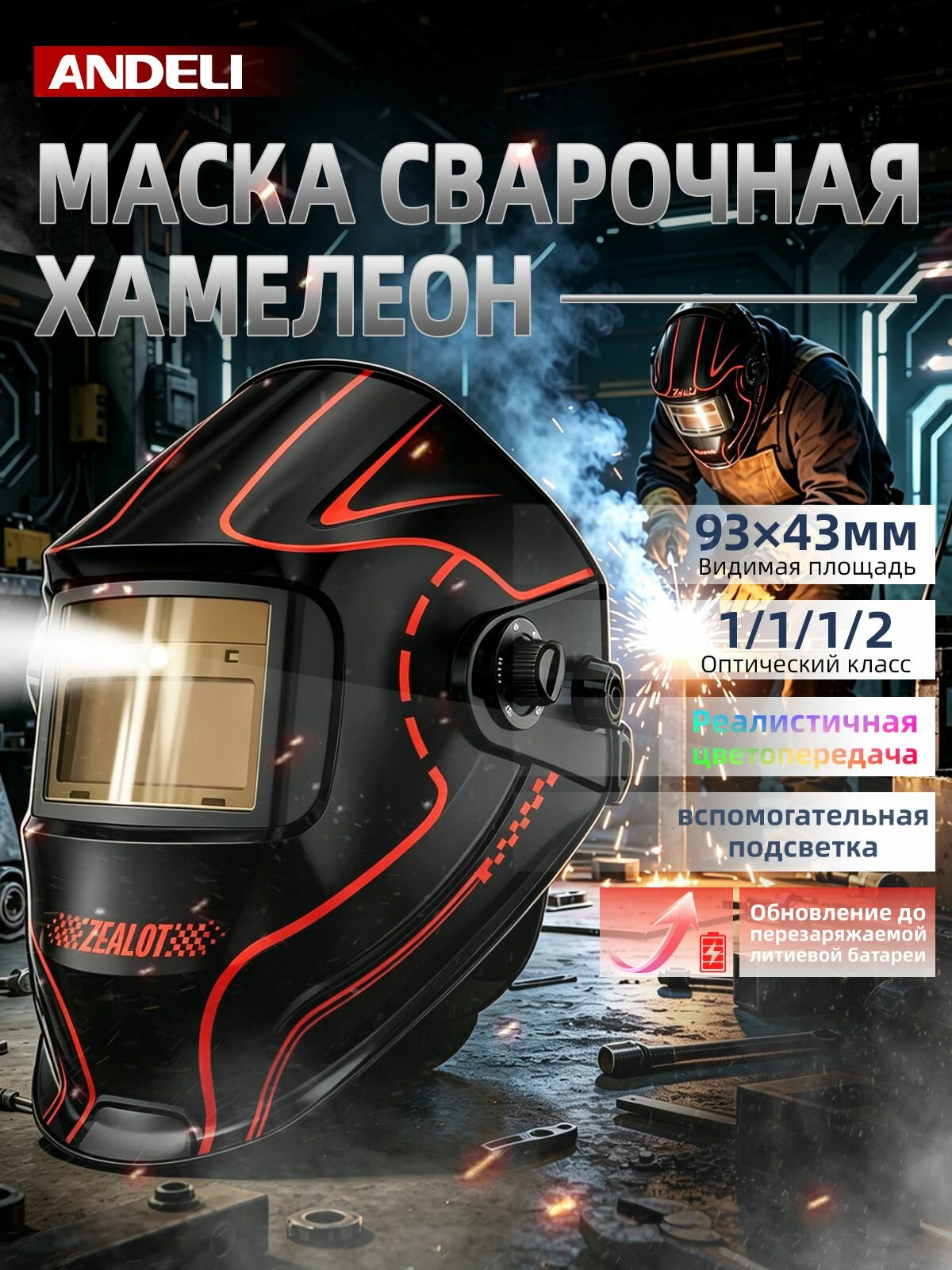 Маска сварочная хамелеон ANDELI FIRES 500PS-BZ маска (шлем) для сварки с подсветкой, окно 93*43 см, DIN 3.5/5-9/9-13