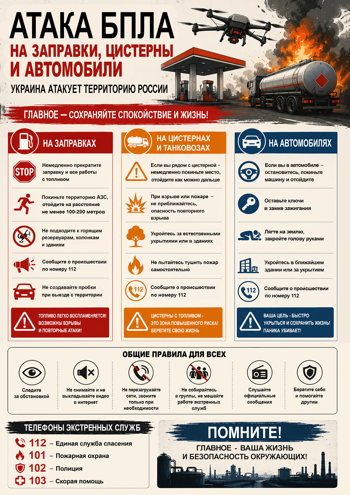 Плакат "Памятка. Атака БПЛА на заправки, цистерны и автомобили"