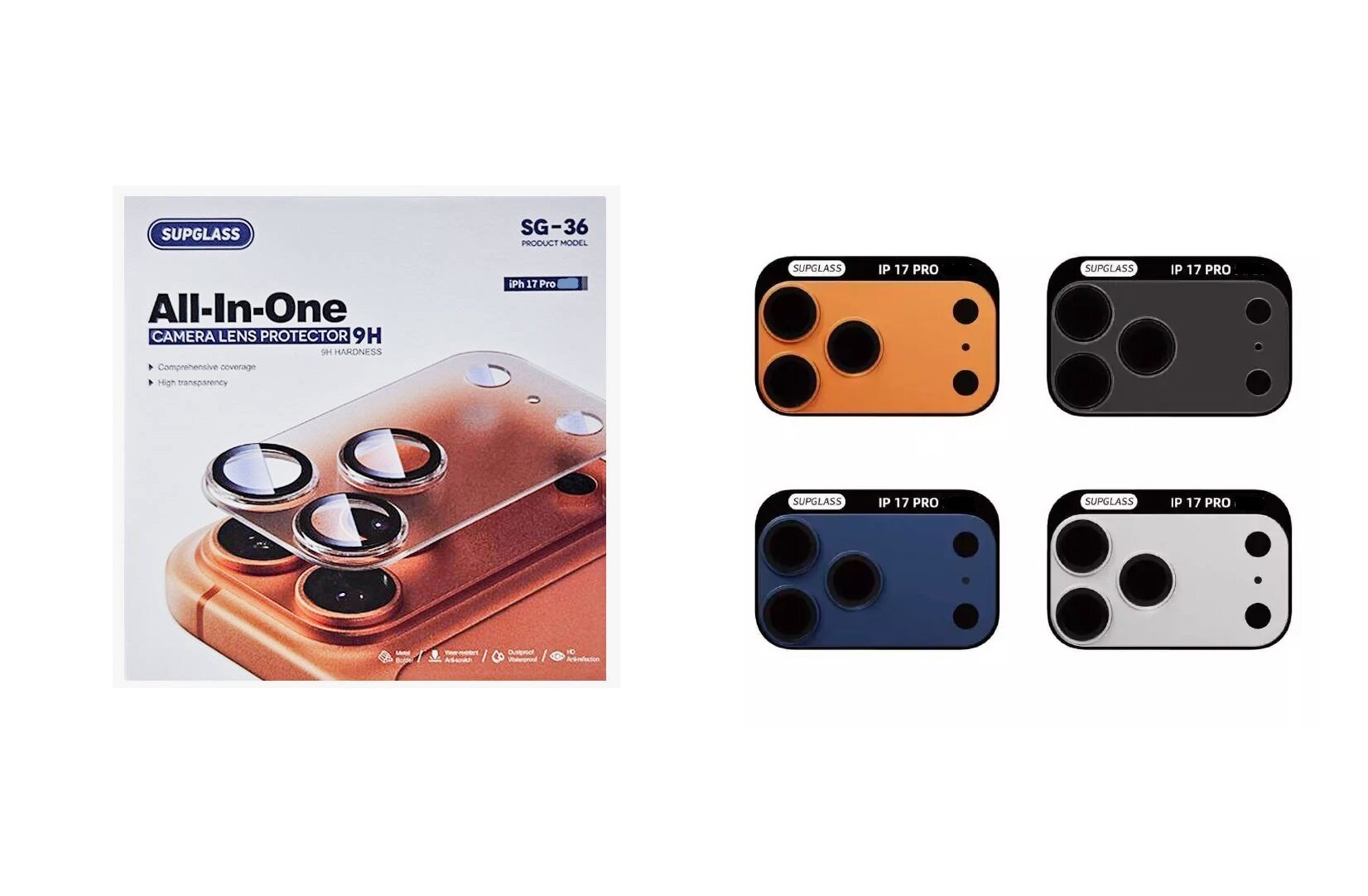 Защита камер на прозрачной пластине для iPhone 17 Pro (6,3"), Supglass SG-36 All-in-One Camera Lens, 9H