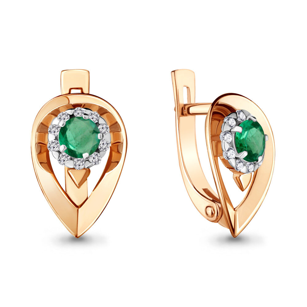 Серьги комбинированное, красное золото, 585 проба, изумруд, бриллиант