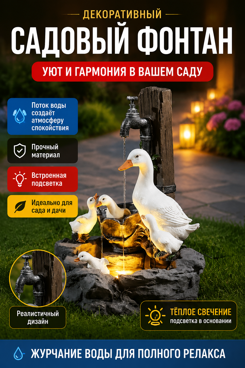 Фонтан садовый 120 см, водяной декор, для дачи, уличный, стильный дизайн
