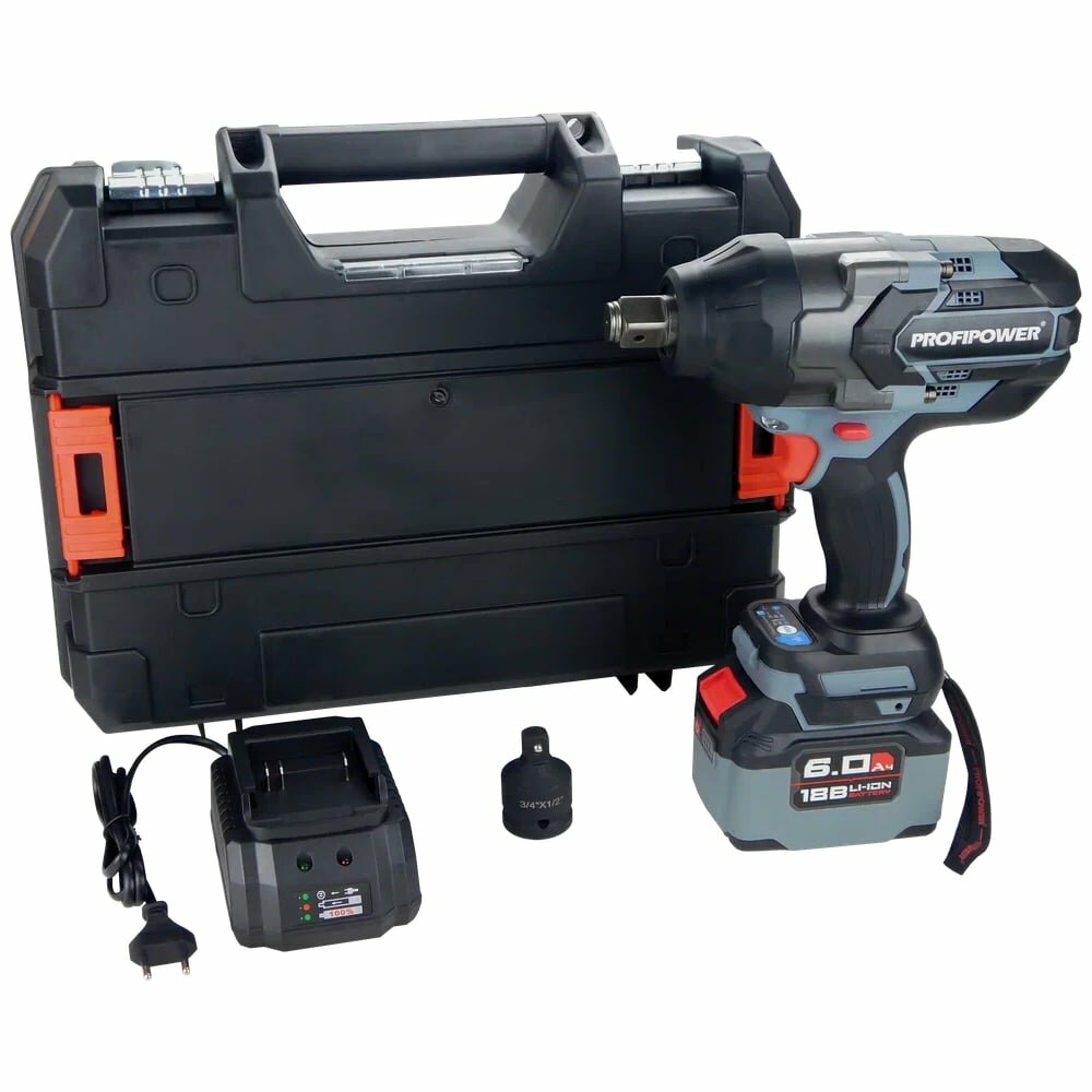Аккумуляторный бесщеточный ударный гайковерт Profipower T-1200N (Li-ion-1шт, 6.0Ач, 1200Нм, переходник 3/4"-1/2", З/У, в кейсе) E0244