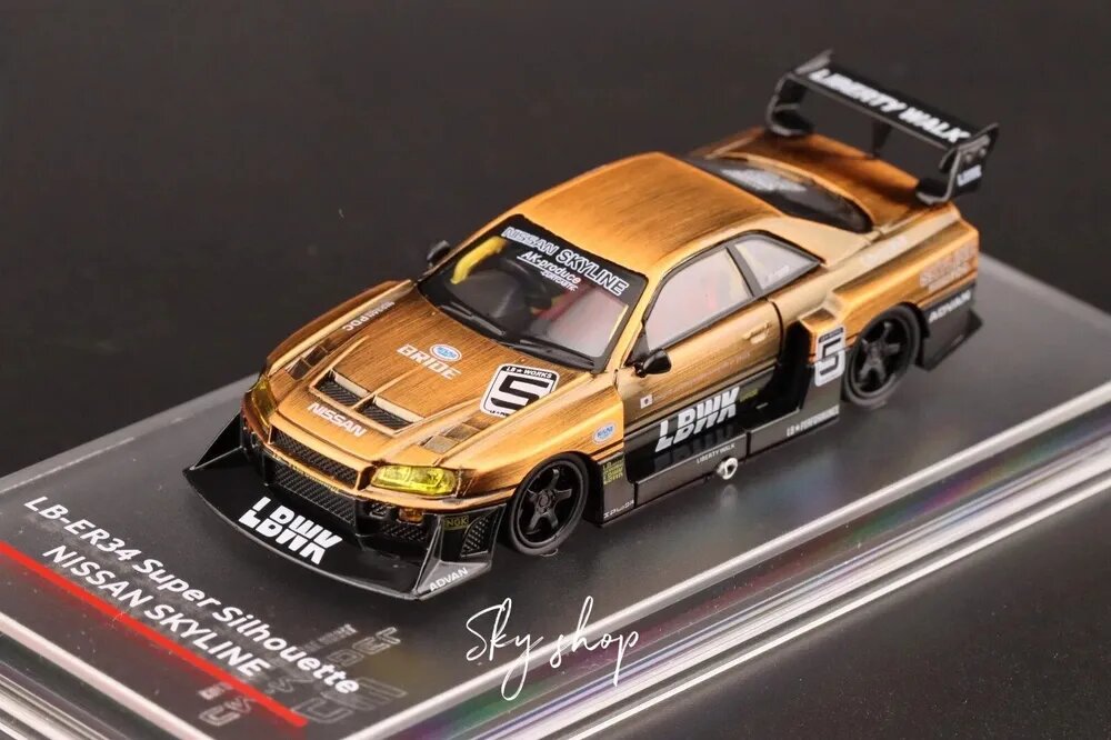Машинка CM Model 1:64 Nissan LB-ER34 Super Sihouette Nissan Bronze w/ extra set wheels, машинки игрушечные