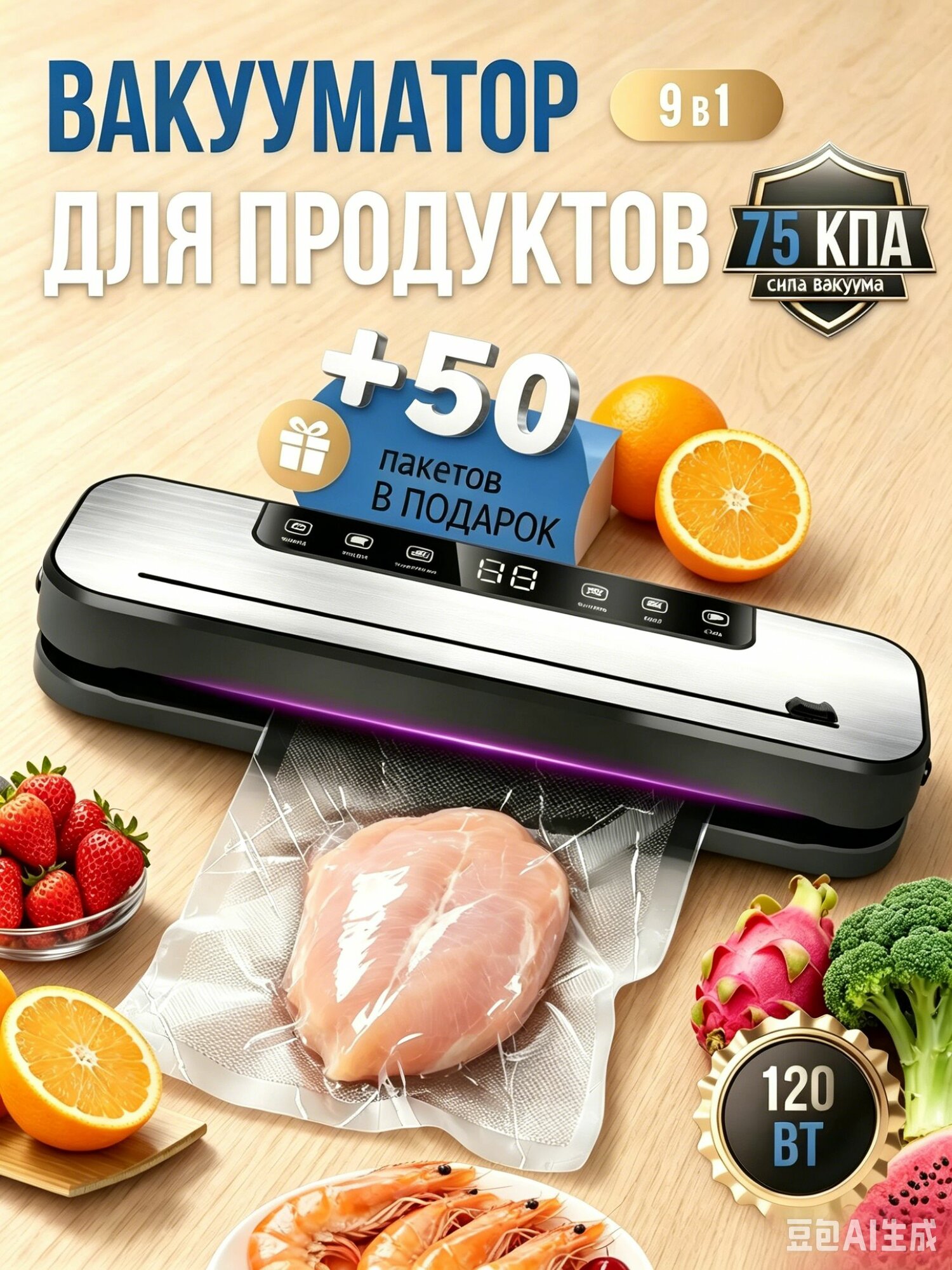 Вакуумный упаковщик- Сохранит свежесть продуктов! В комплекте: прибор, + 50 пакетов для вакуумирования!