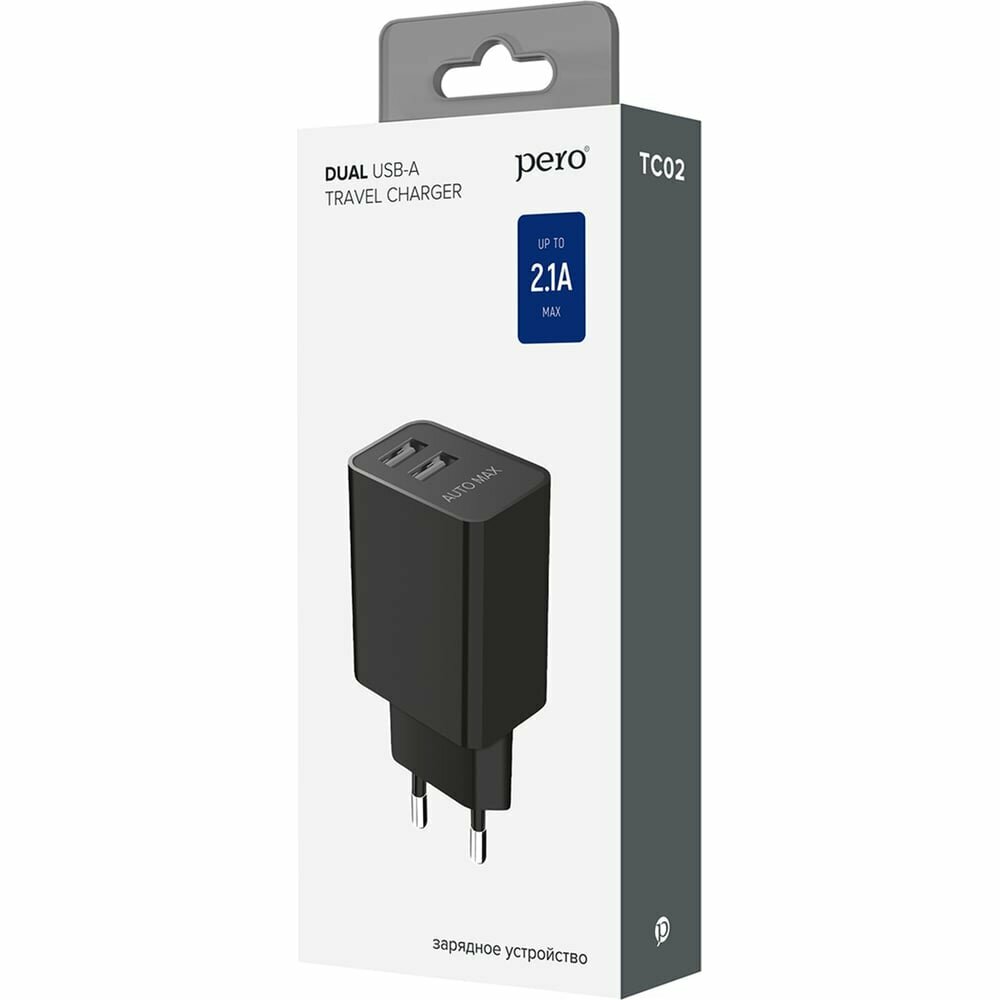 Сетевое зарядное устройство PERO TC02 2USB 2.1A черный ТС02BL2A — фото 1