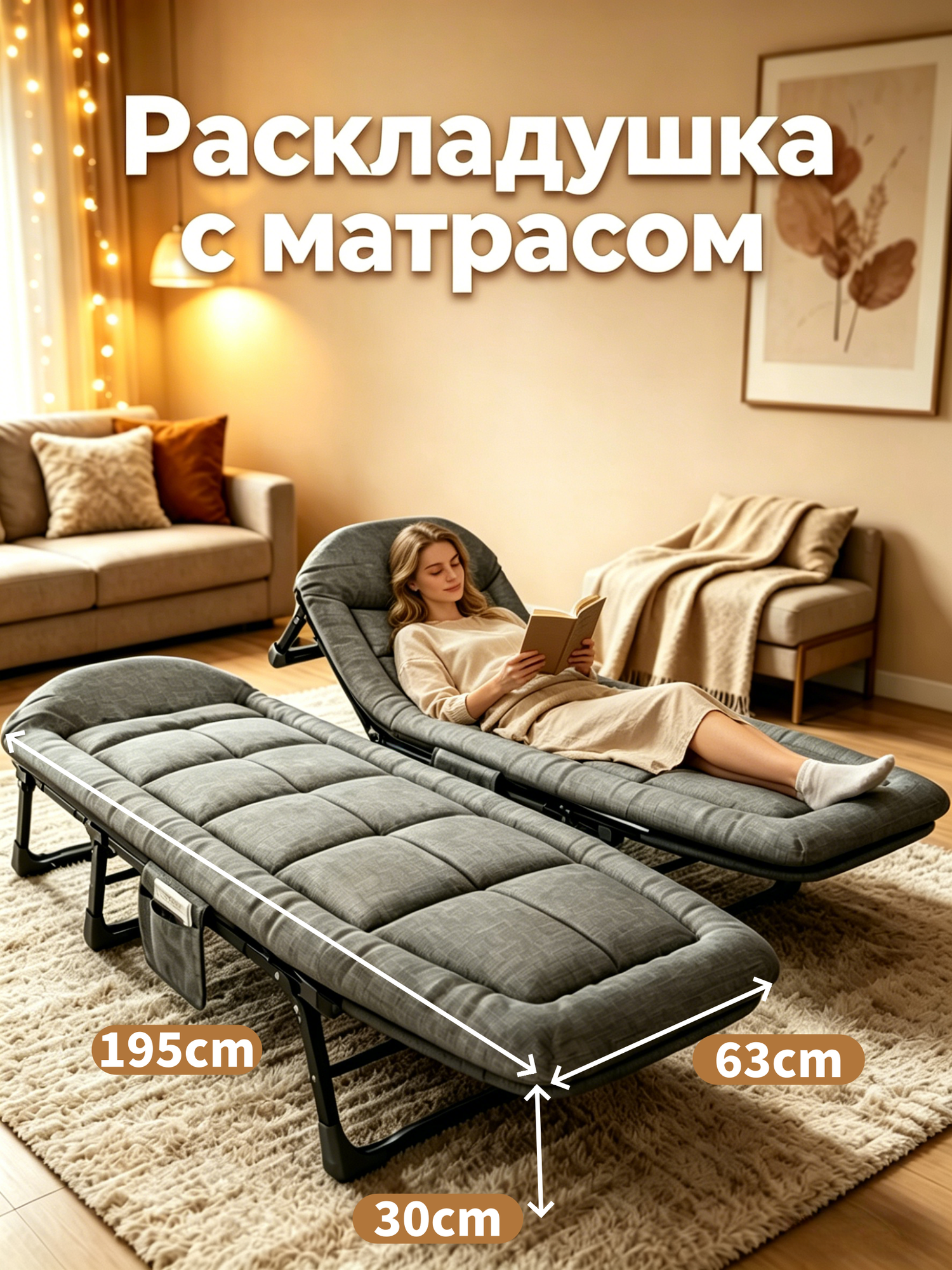 Раскладушка туристическая, 195 см × 63 см × 30 см, с матрасом, до 150 кг