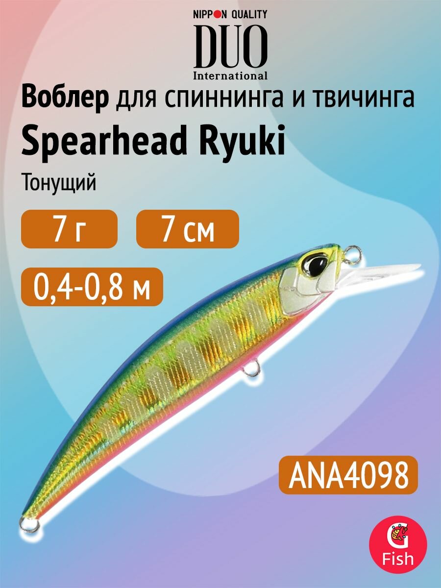 Воблер для рыбалки DUO Spearhead Ryuki 70 S Light, ANA4098 Blue Pink Gold Yamame, 70 мм, 7 г, тонущий, минноу
