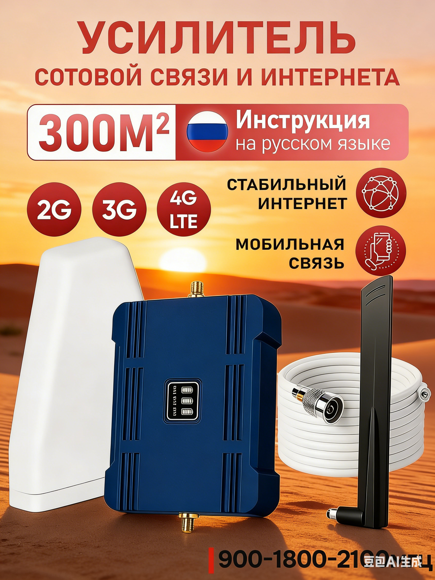 Усилитель сотовой связи 900/1800/2100 МГц (2G/3G/4G): до 70 км, направленный, синий, 1.3 кг