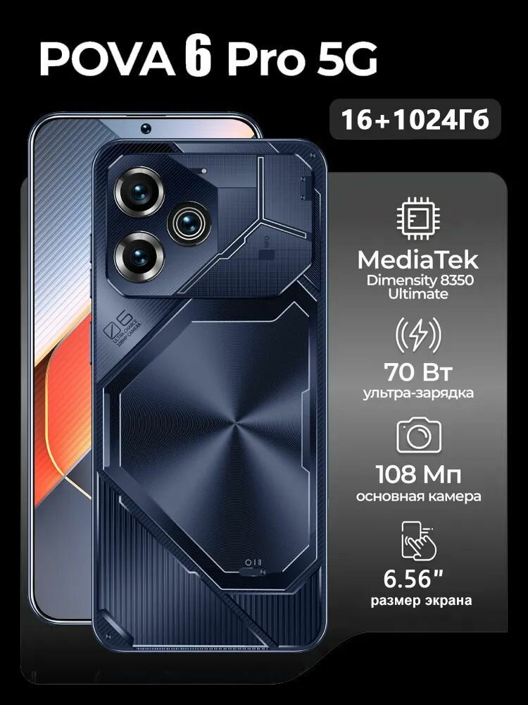 Мобильный телефон TECNO Pova6Pro - большой экран с диагональю 6,56 дюйма, большой объем оперативной памяти, процессор Snapdragon 8gen3, черный