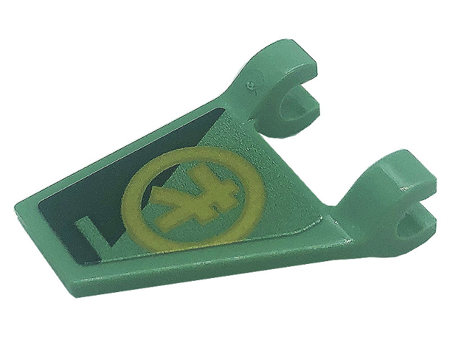 Flag 2 x 2 Trapezoid with Gold Ninjago L Symbol in Circle and Dark Green Triangle Pattern Model Left Side (Sticker) - Set 71745, 44676pb066L Sand Green U